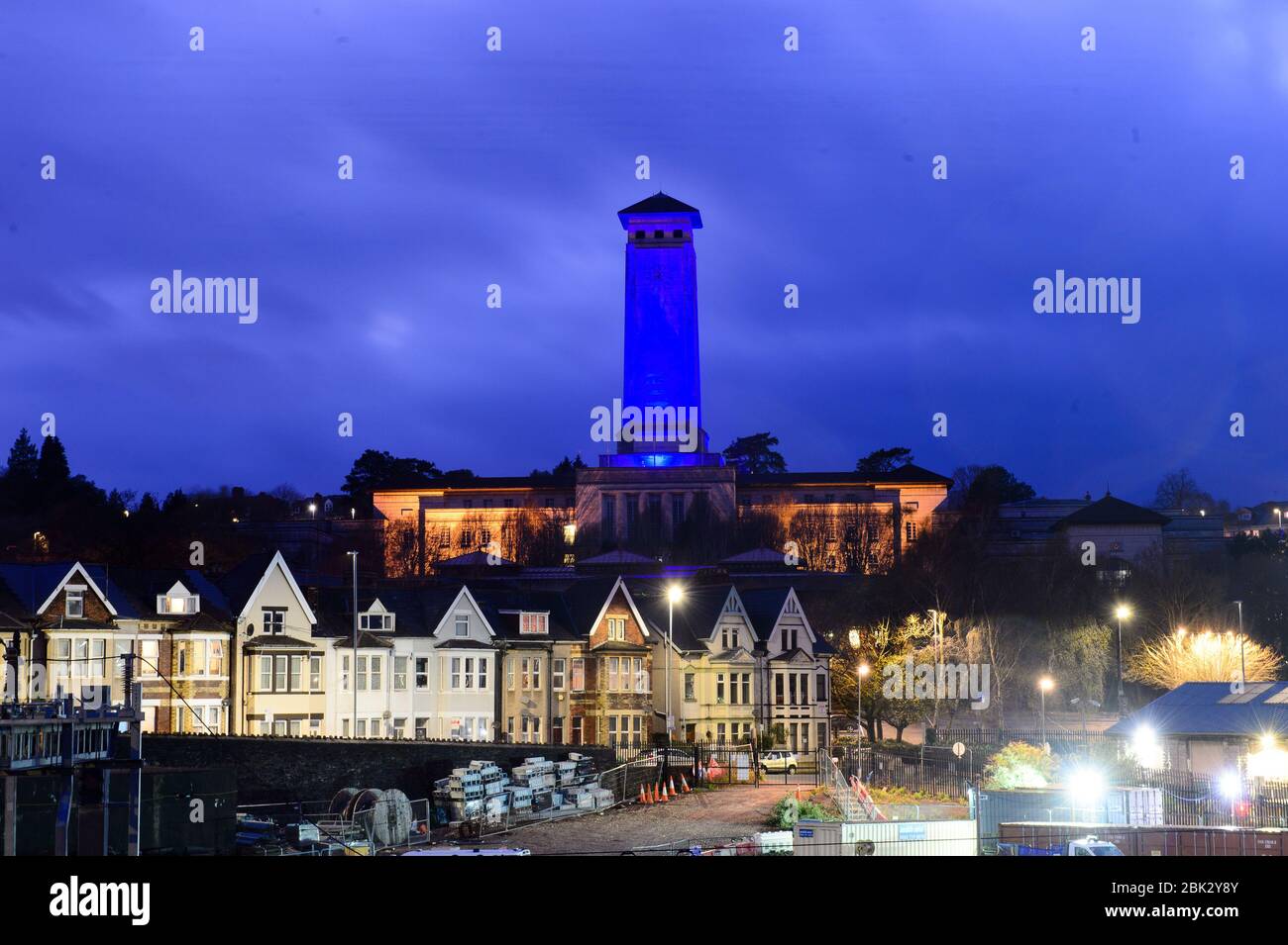 02.04.20 - The clock tower of the Newport Civic Centre is illuminated ...