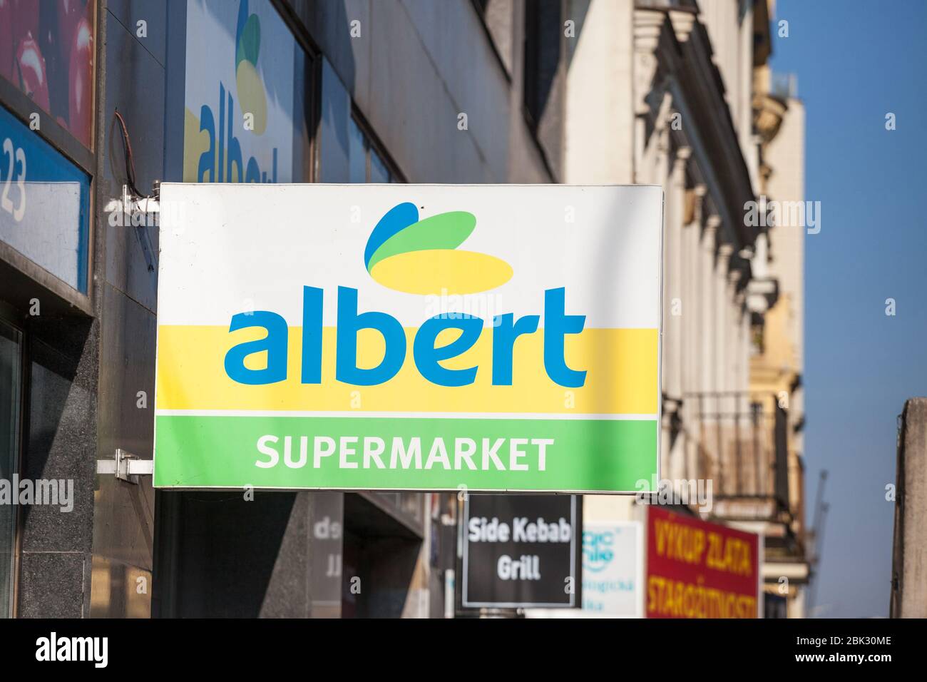 PRAGUE, CZECHIA - OCTOBER 31, 2019: Albert Supermarket logo in front of ...