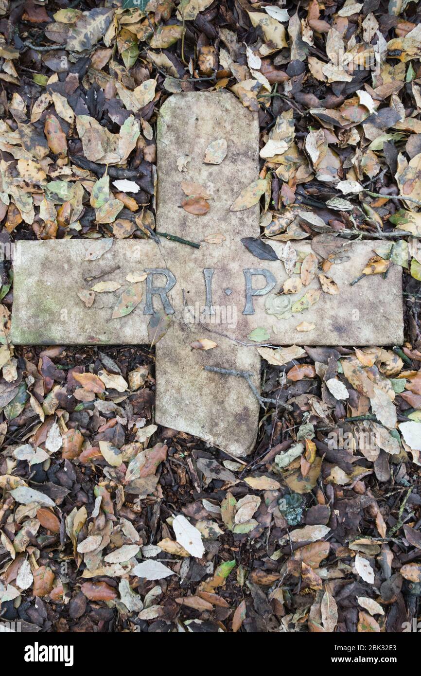 A broken RIP Christian cross in an old disused cemetery, England, UK ...