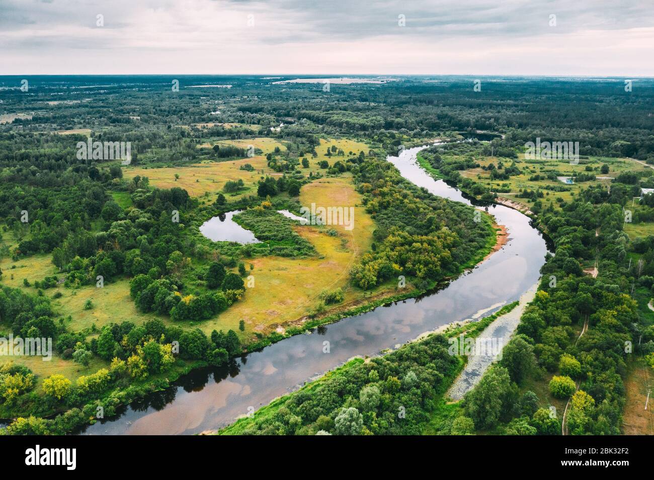 Aerial View Green Meadow, Forest And River Landscape. Top View Of ...