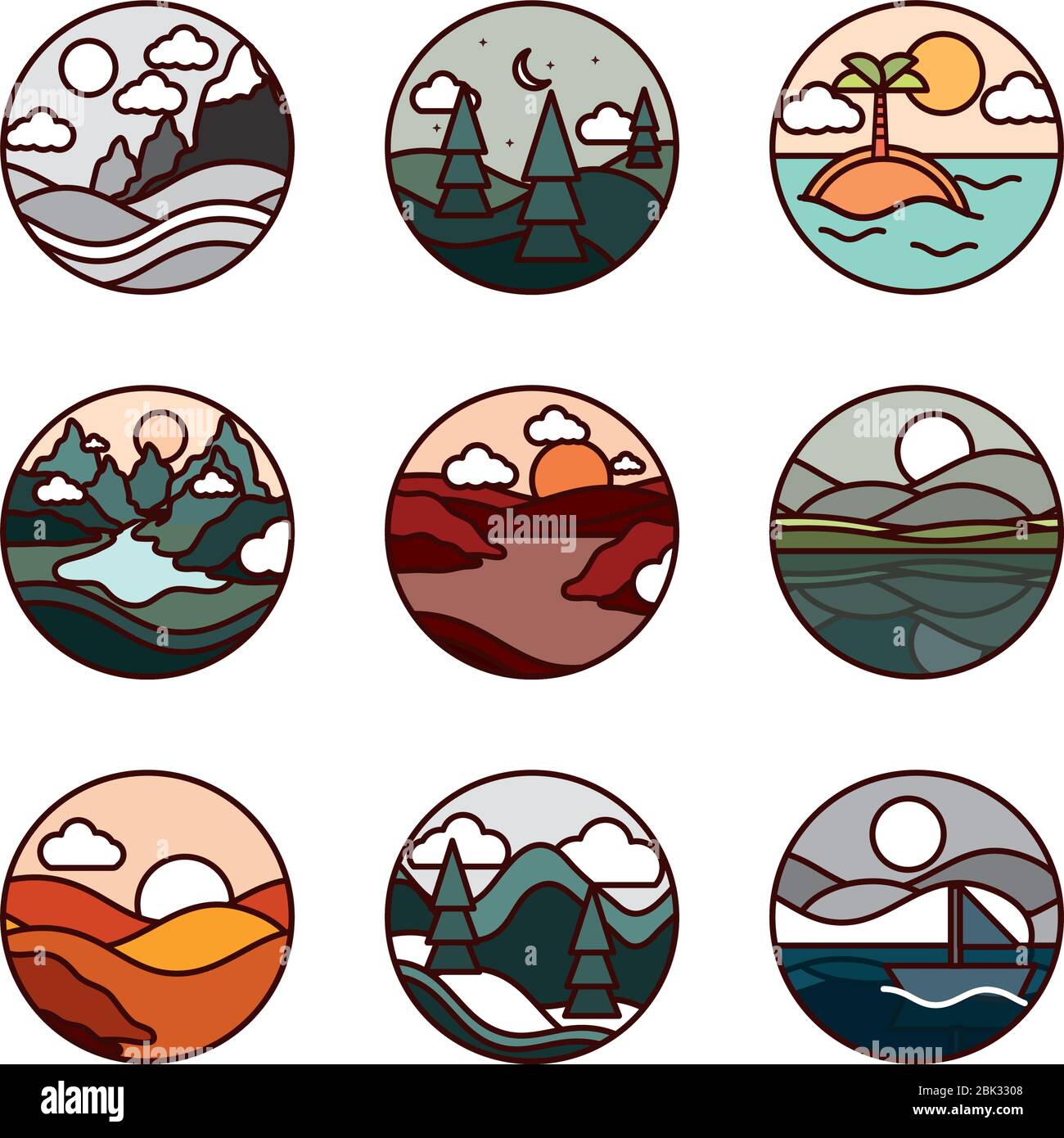 landscape nature mountains ocean and forest in circle icons set vector ...