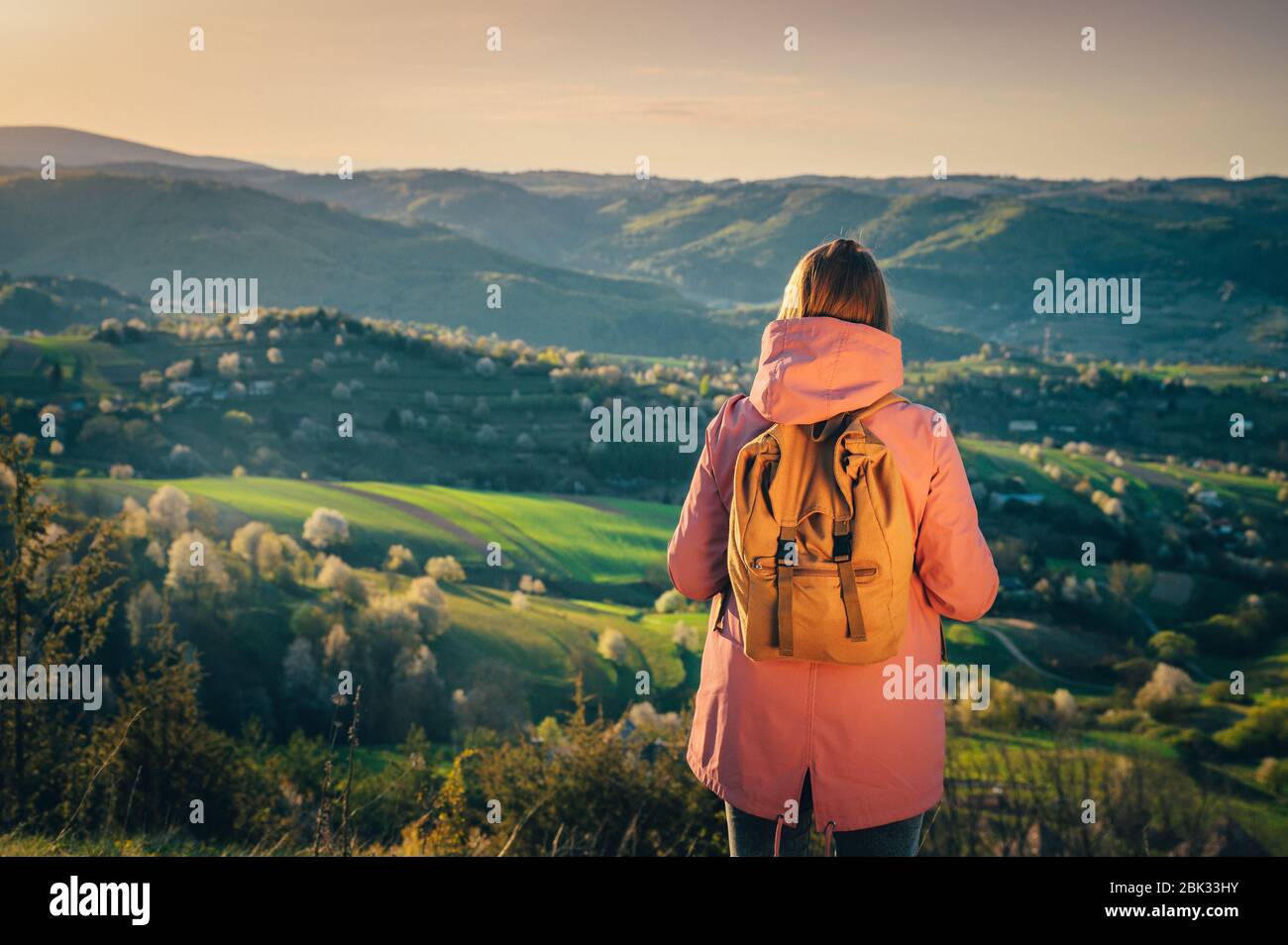 Adventure photo, journey hipster traveler. Female tourist or hiker ...