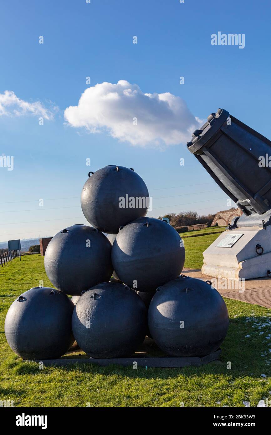 Mallet's Mortar and Canon Balls on display at Fort Nelson on a clear ...