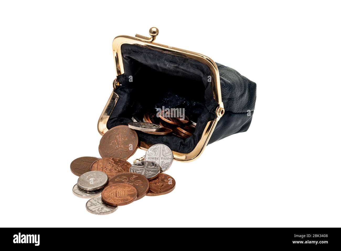 An open ladies black leather change purse - white background Stock ...