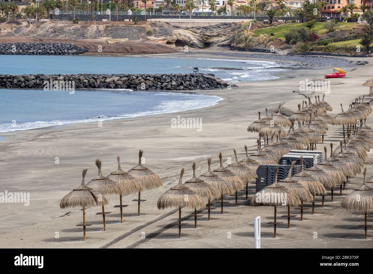 Empty beaches in the tourist resort areas of Costa Adeje, Tenerife ...