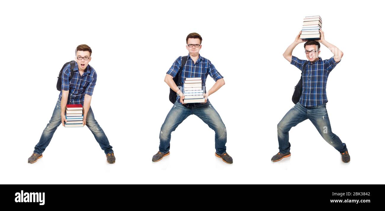 The funny student with stack of books Stock Photo - Alamy