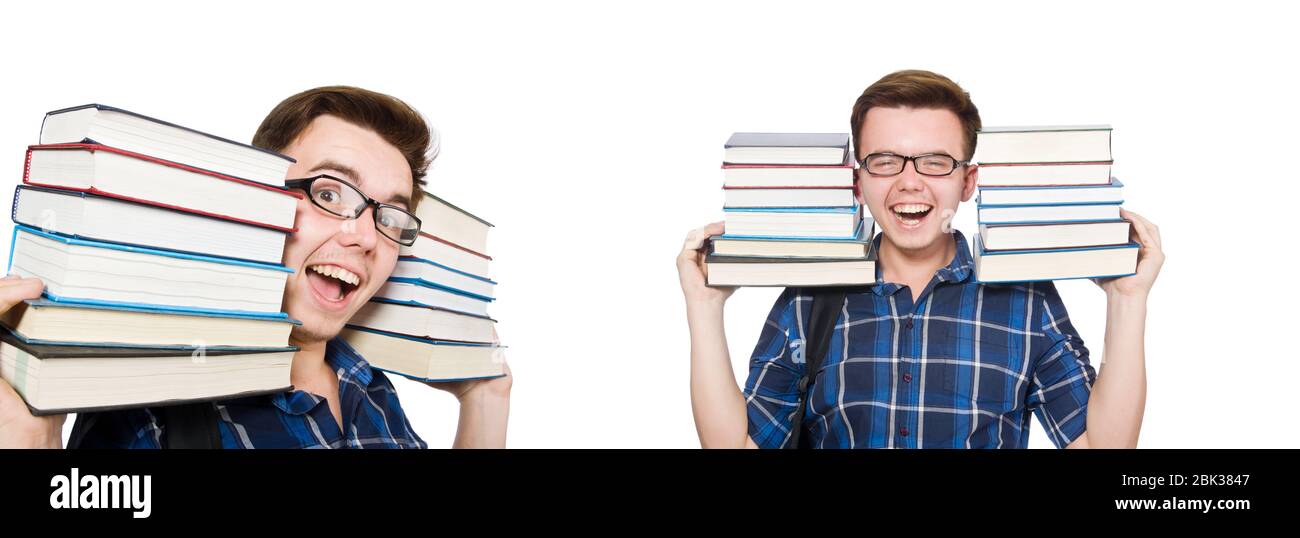 The funny student with stack of books Stock Photo - Alamy