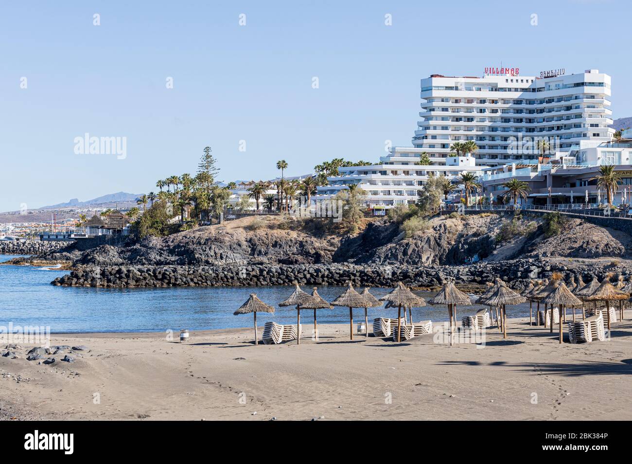 Empty Playa del Bobo beaches in the tourist resort areas of Costa Adeje ...