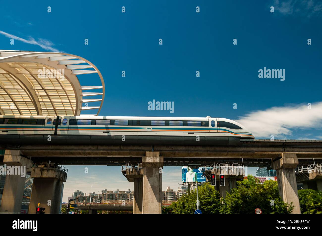 The Shanghai Maglev train departing its Longyang Road terminus station ...