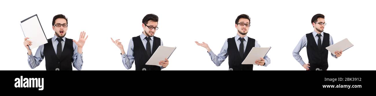 The office employee holding paper isolated on white Stock Photo - Alamy