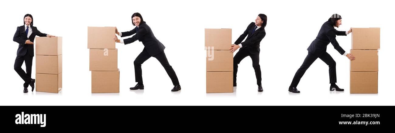 The funny man with boxes on white Stock Photo - Alamy
