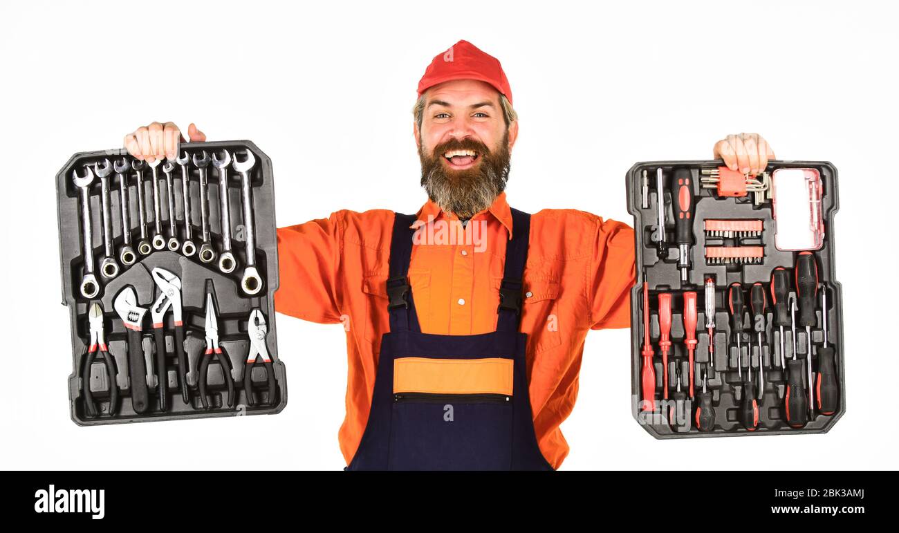 Set of tools. Screwdrivers set. Man carries toolbox white background ...