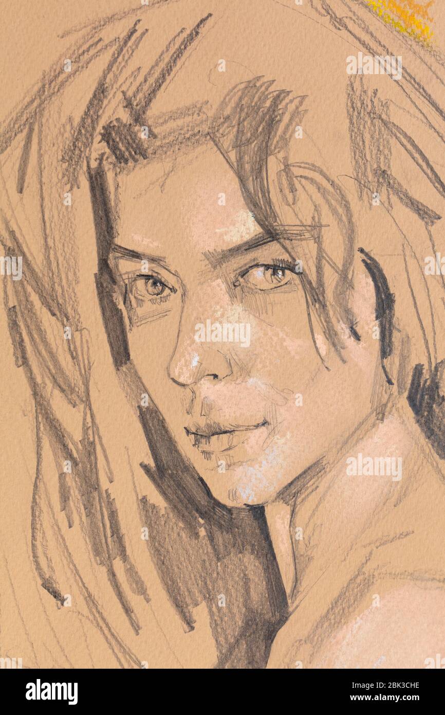 female portrait, pencil drawing illustration, sketch Stock Photo - Alamy