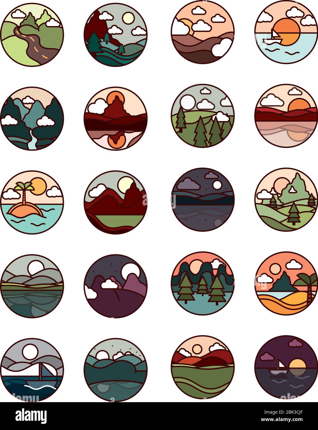 landscape nature mountains ocean and forest in circle icons set vector ...