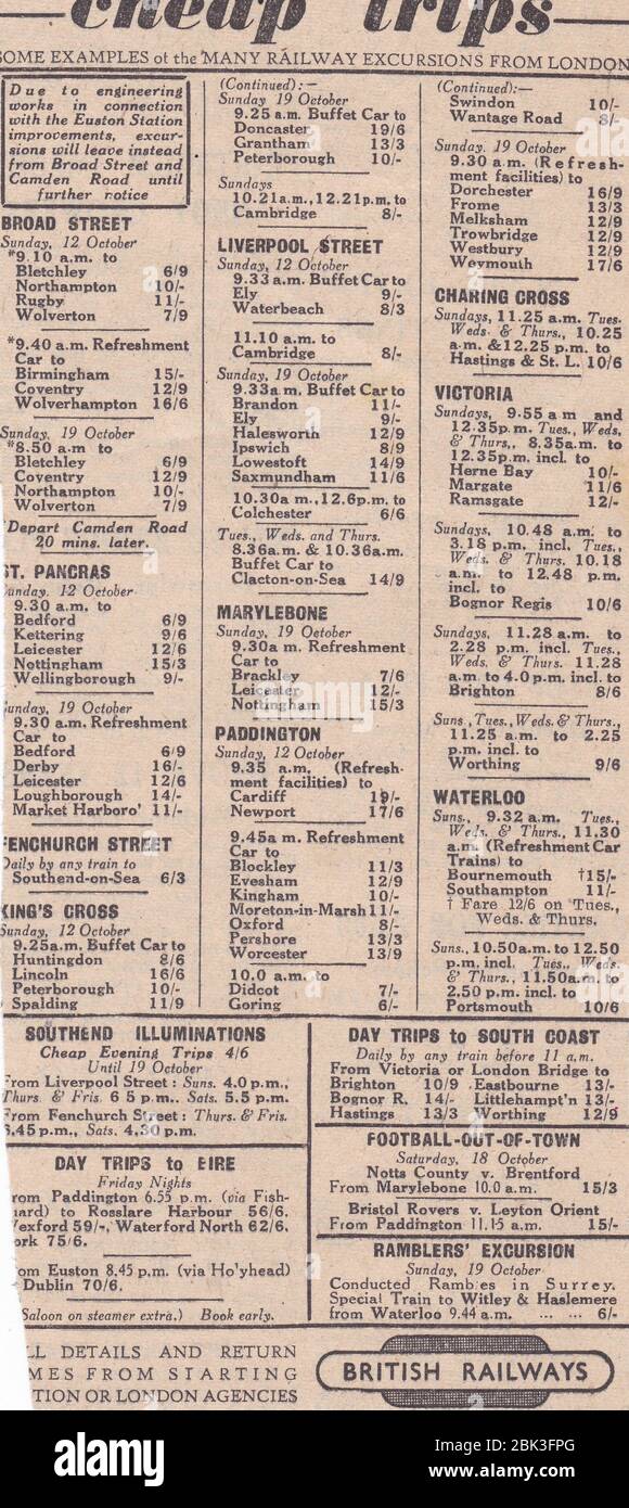 1950s newspaper advert for British Railways - Cheap trips of railway ...