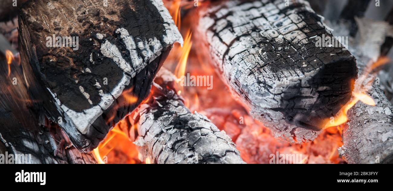 Abstract and artistic close-up detail view of burning wood burns in ...