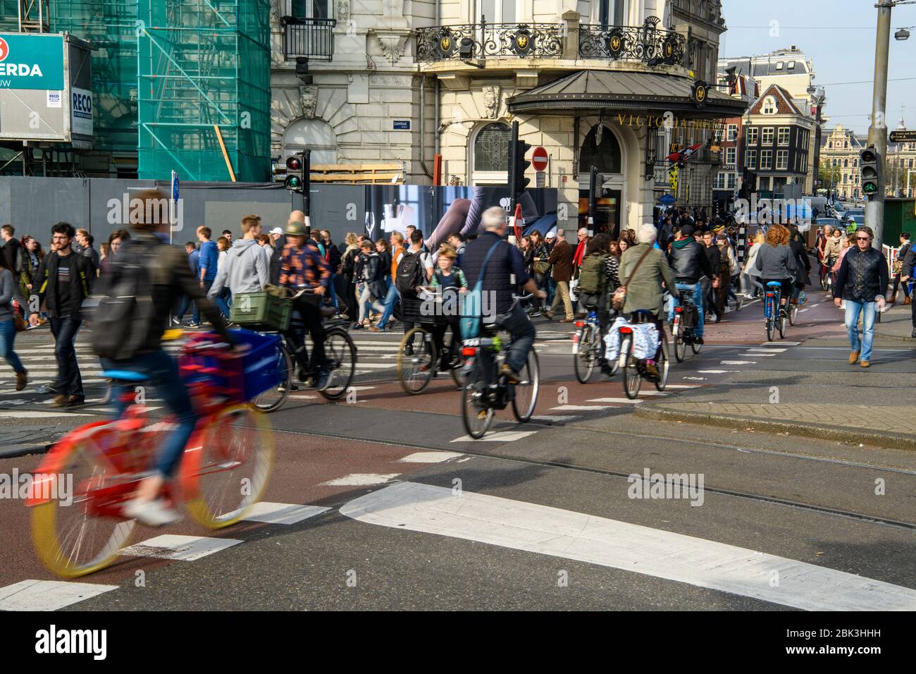 Cyclists and pedestrians crossing at an intersection, Amsterdam, North ...