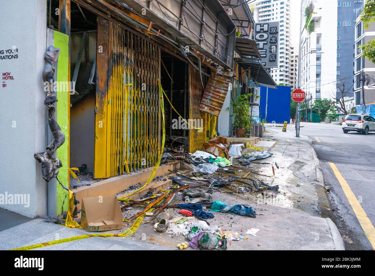 Burnt grocery store. Fire in the building Stock Photo - Alamy
