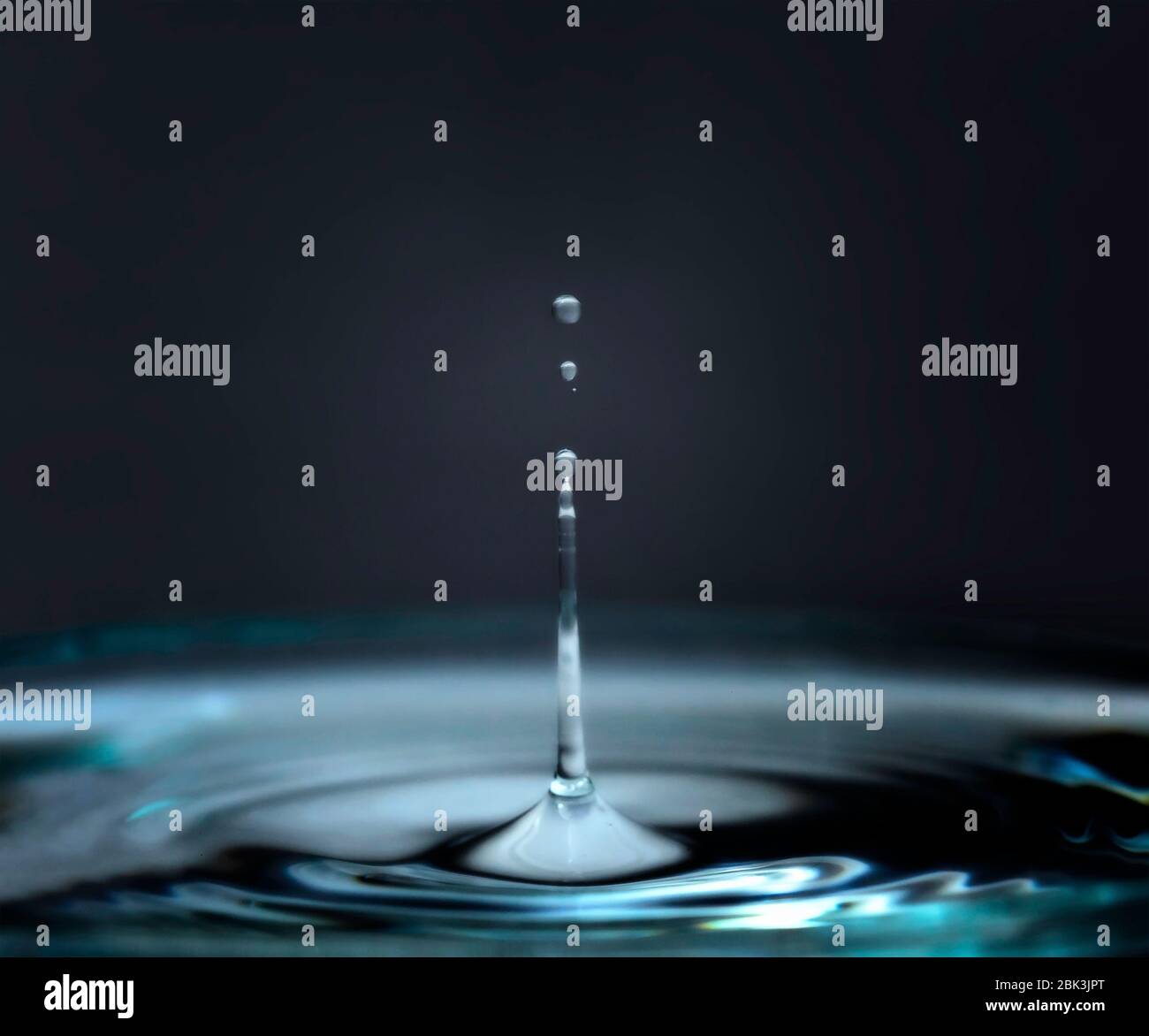 Water drops splash in a glass bowl of water forming a thin column ...