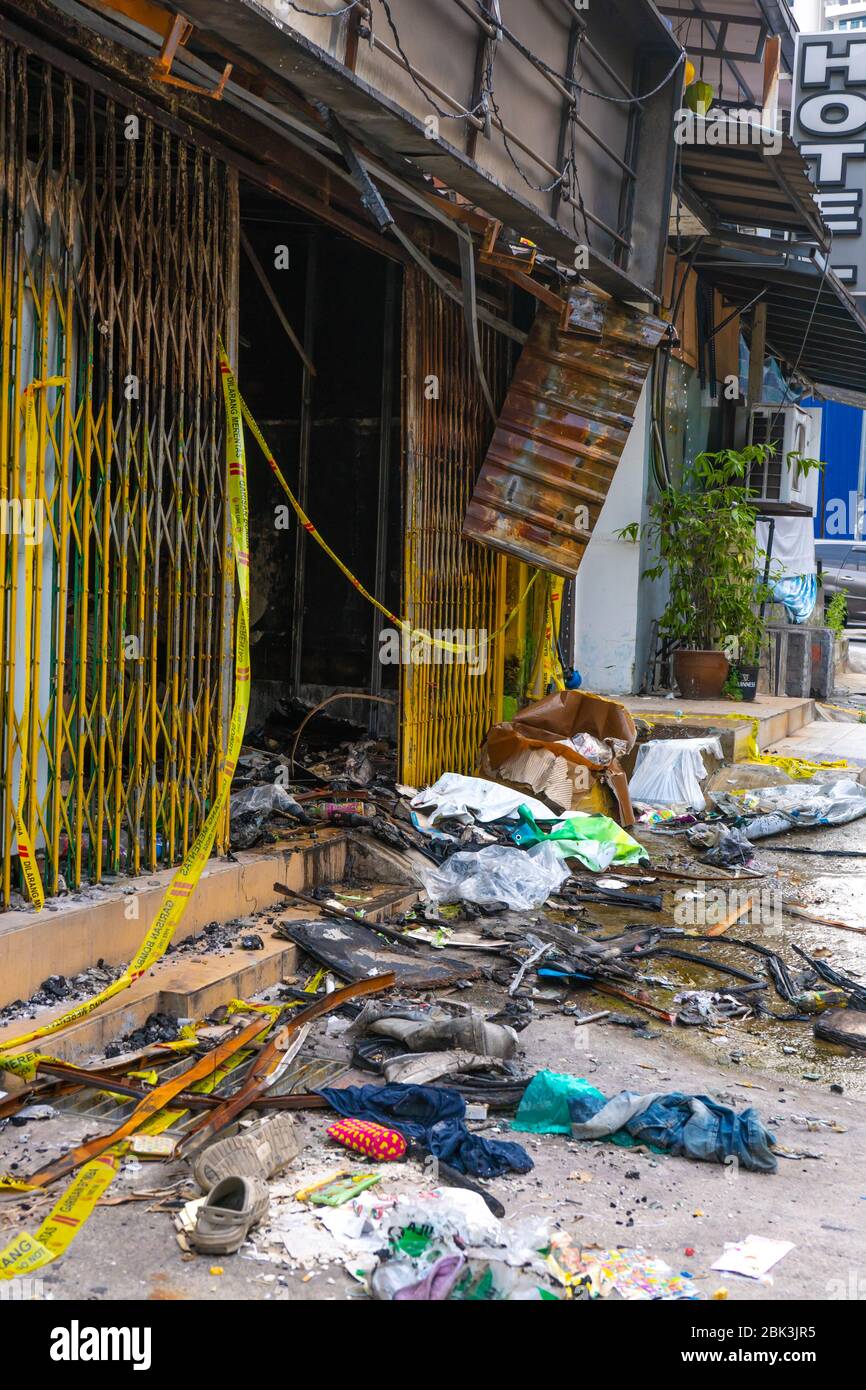 Burnt grocery store. Fire in the building Stock Photo - Alamy