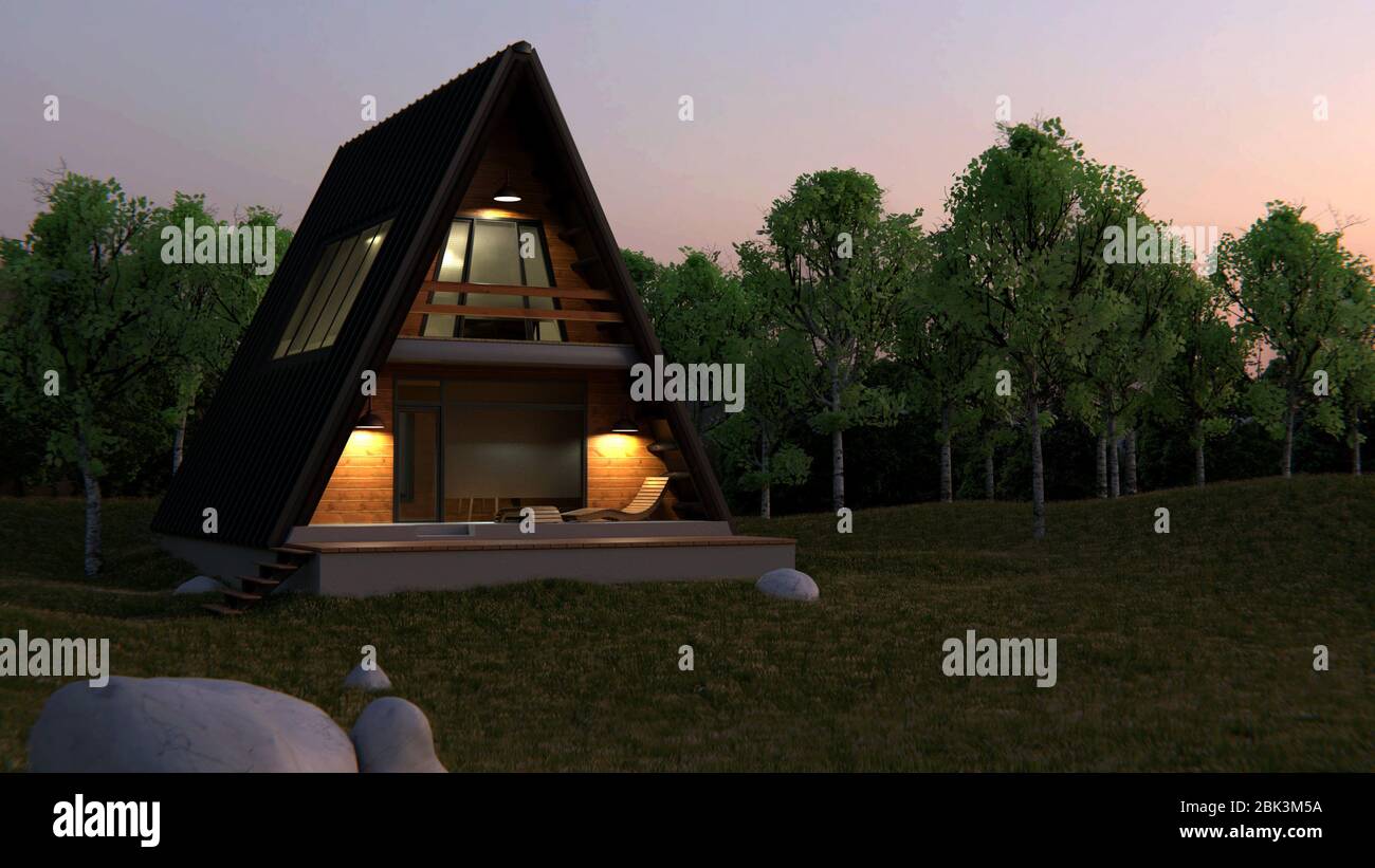 3D render of modern minimal cottage at dusk Stock Photo - Alamy