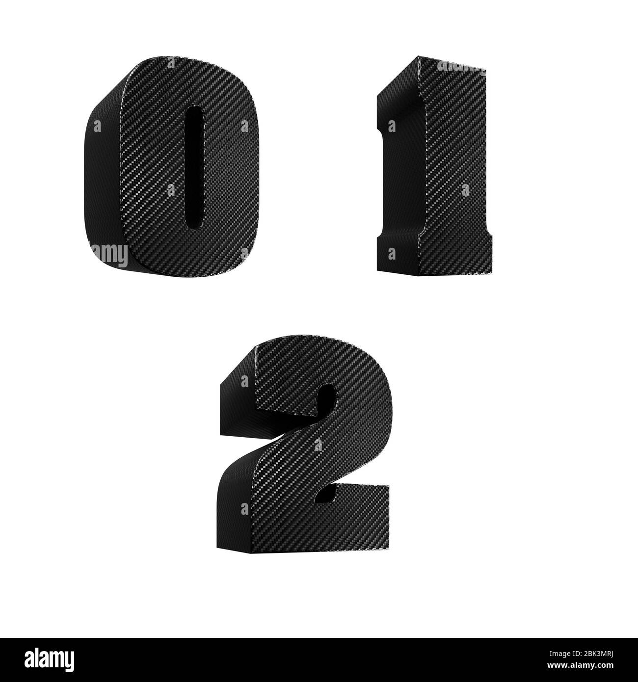 3d rendering of set of black carbon fiber texture digits, digit 0 to 2 ...