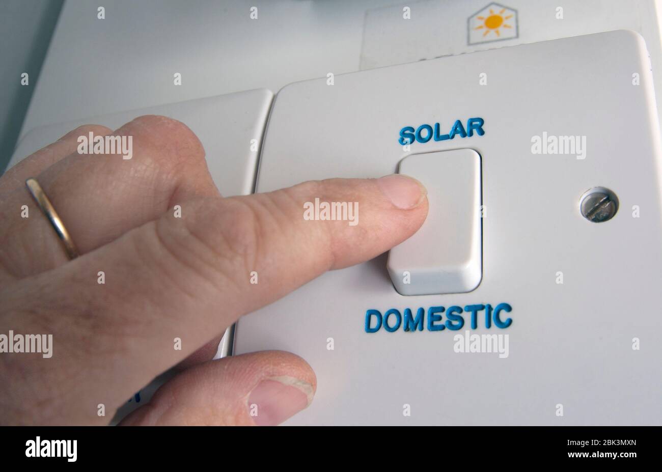 person turning on domestic solar power switch Stock Photo - Alamy