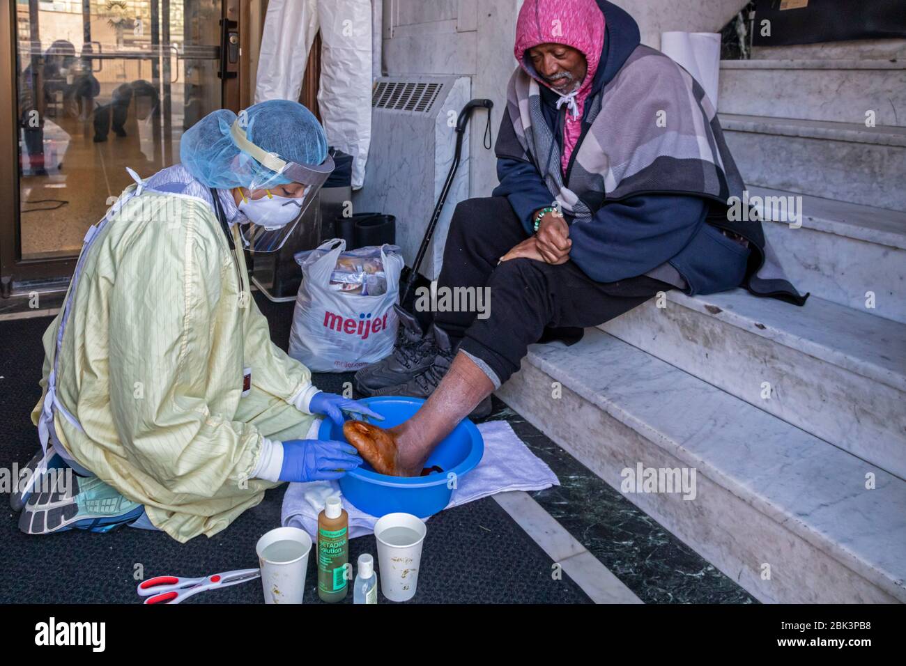 Detroit, Michigan, USA. 1st May, 2020. Homeless people get medical help ...