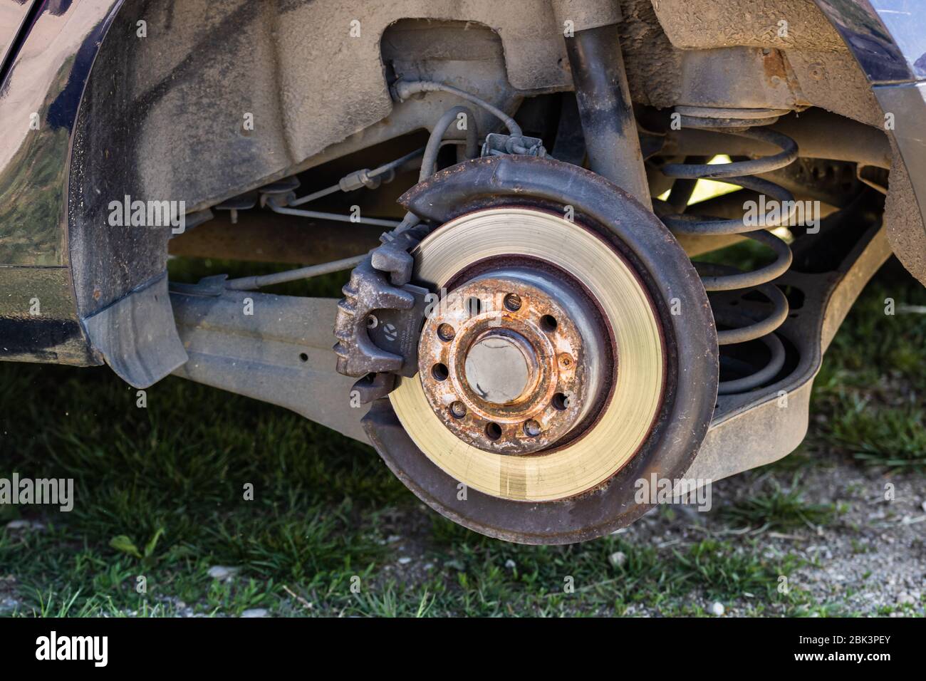 Brake system of VW Golf car. Vehicle maintenance in the garage in ...