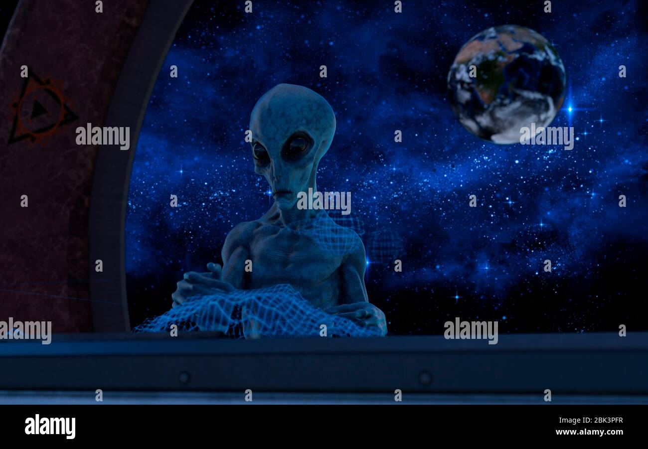 Fantasy alien in a spaceship near earth - 3d rendering Stock Photo - Alamy