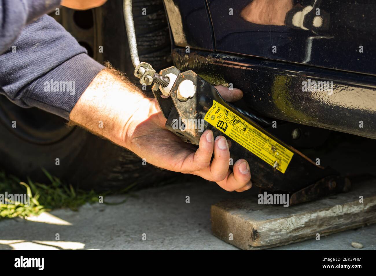 Automotive mechanic lifting car with floor jack car lift. Vehicle ...