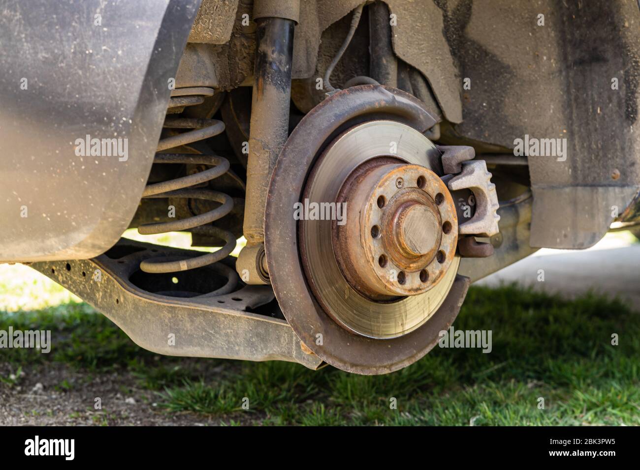 Brake system of VW Golf car. Vehicle maintenance in the garage in ...