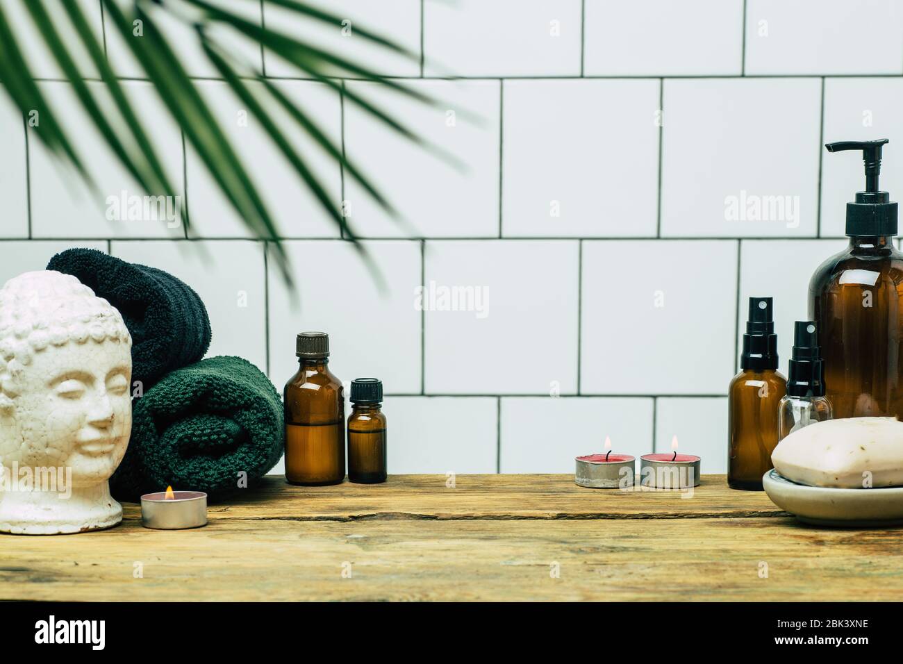 Spa background concept. Oil herb cosmetic, parfume and aroma salt for ...