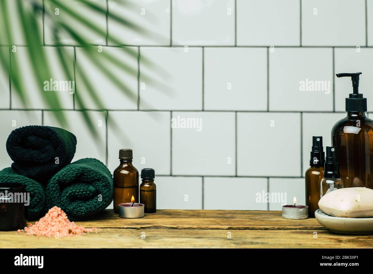 Spa background concept. Oil herb cosmetic, parfume and aroma salt for ...
