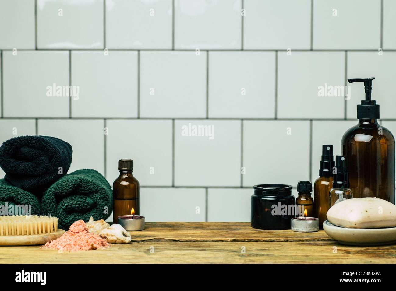 Spa background concept. Oil herb cosmetic, parfume and aroma salt for ...