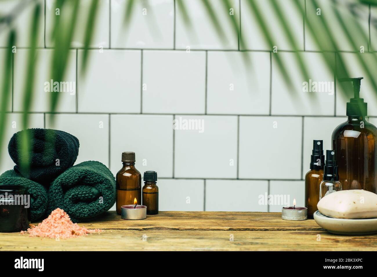 Spa background concept. Oil herb cosmetic, parfume and aroma salt for ...