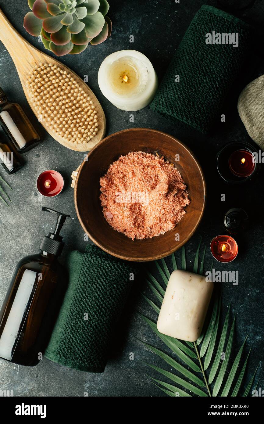 Spa background concept. Oil herb cosmetic, parfume and aroma salt for ...