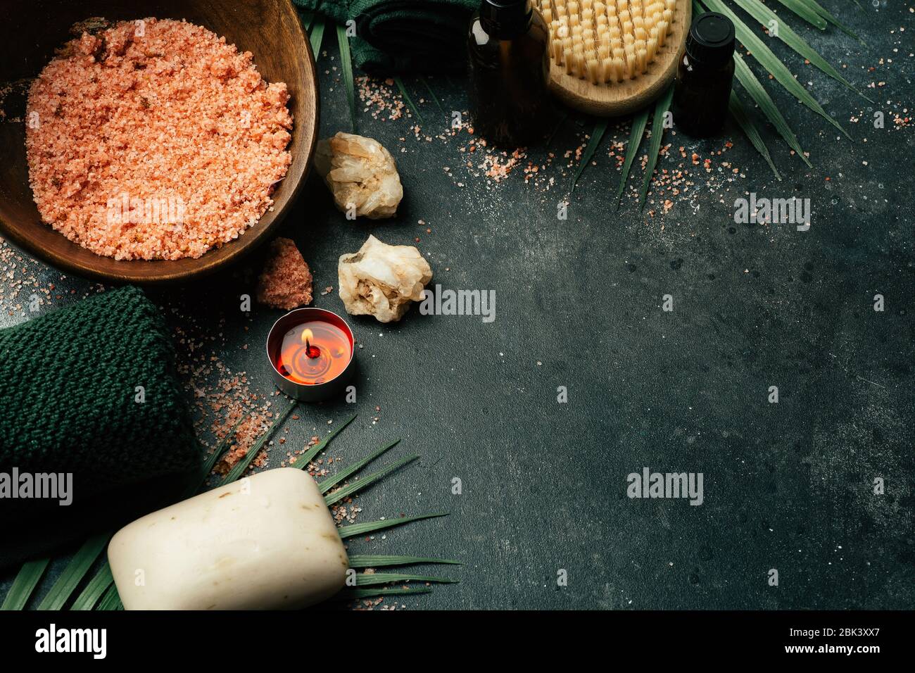 Spa background concept. Oil herb cosmetic, parfume and aroma salt for ...
