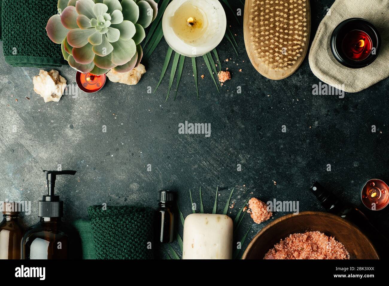 Spa background concept. Oil herb cosmetic, parfume and aroma salt for ...
