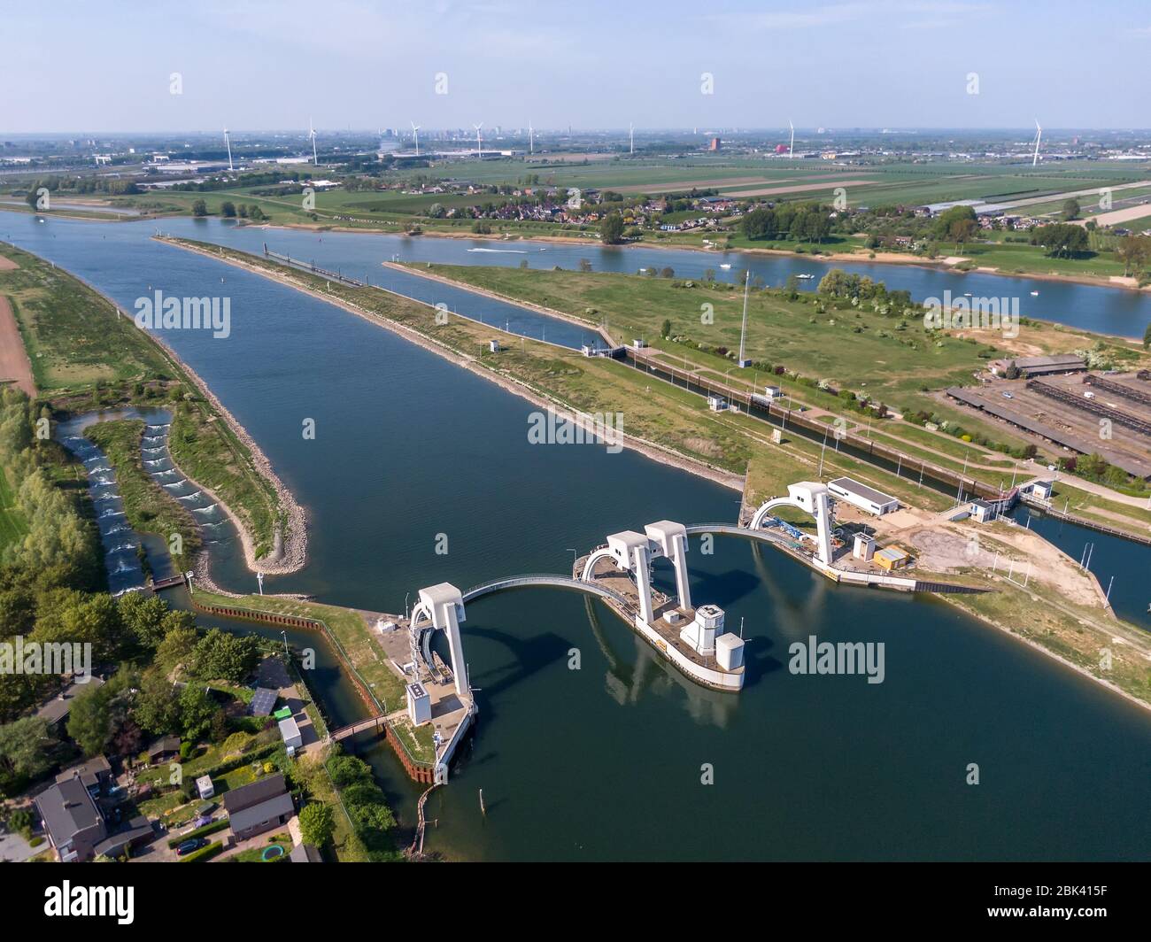 Aerial view on water sluice complex in the Lek river in the Netherlands ...