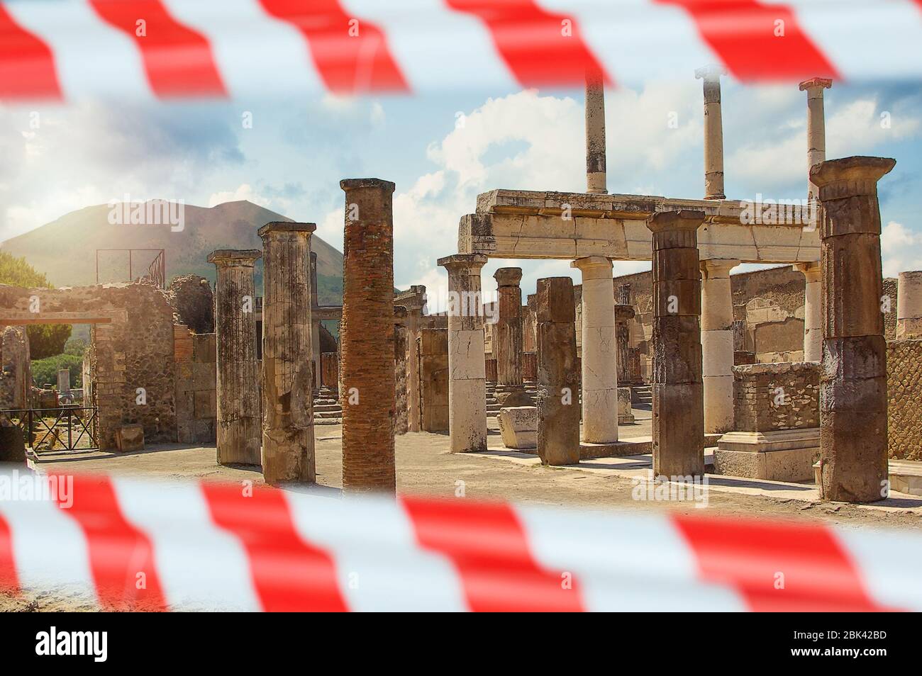 Ruins of Pompeii Italy with warning tape. Closed historical european ...
