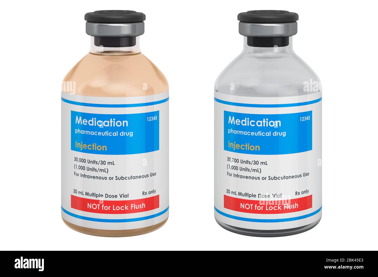 Glass medicament bottles with drug for injection. 3D rendering isolated ...