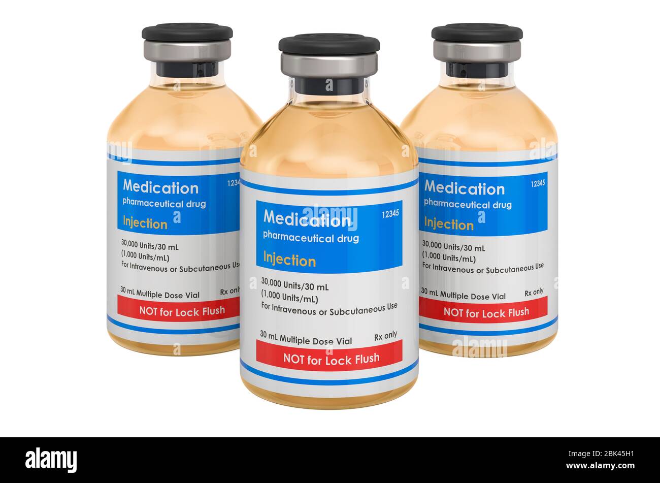 Set of glass medicament bottles with drug for injection. 3D rendering ...