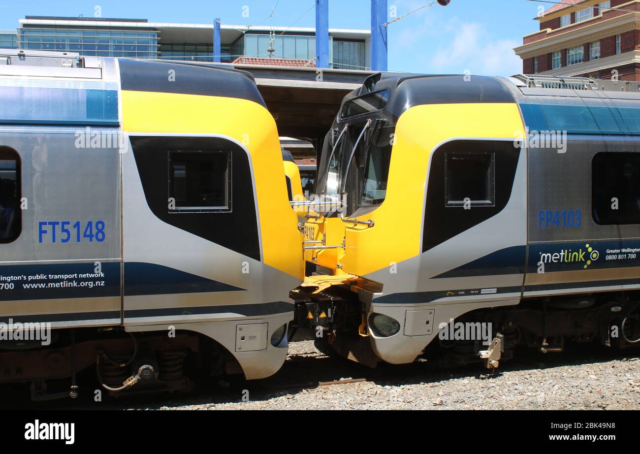Cabs of two Matangi electric multiple unit trains in Wellington railway ...