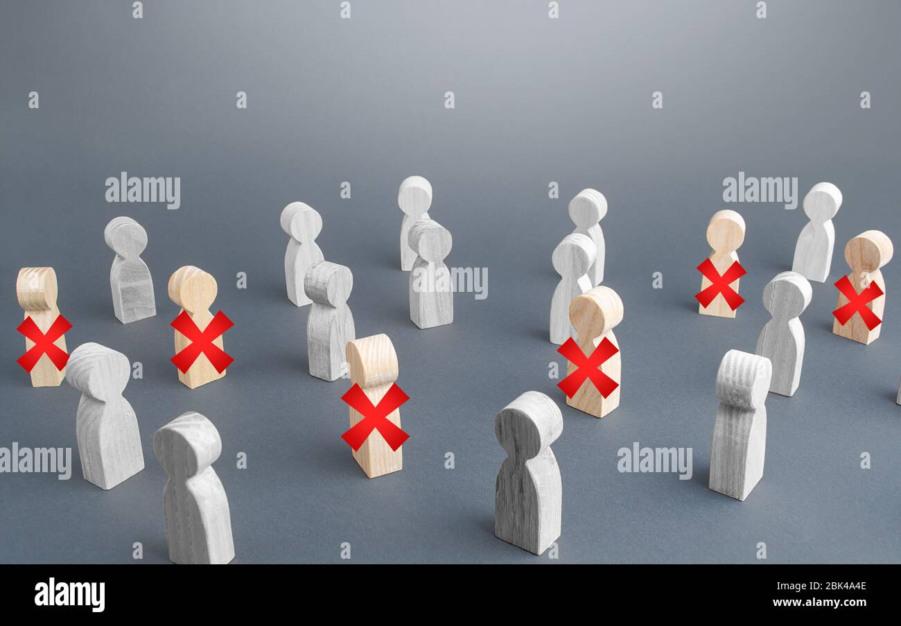 A group of people some of are crossed out with a red cross. Massive ...