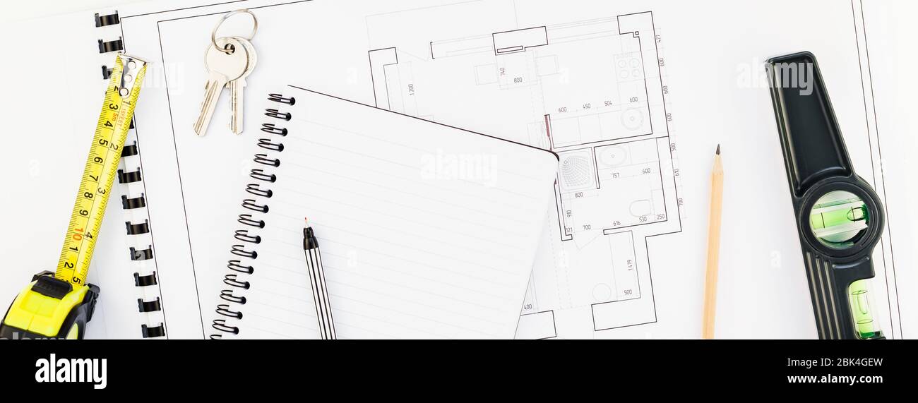 Creative flat lay overhead top view blueprint flat project plan and ...