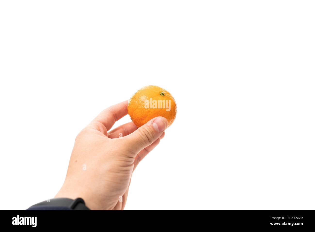 Male hand holds fresh mandarin isolated on white background with ...