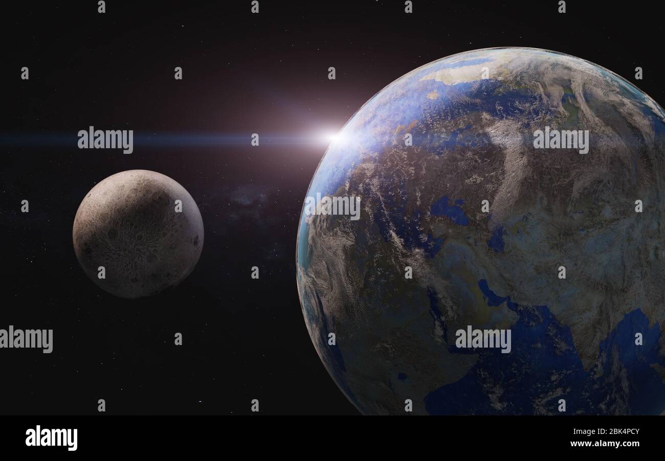 Planet earth and moon in the space wiyh lens flare. Science fiction 3D ...