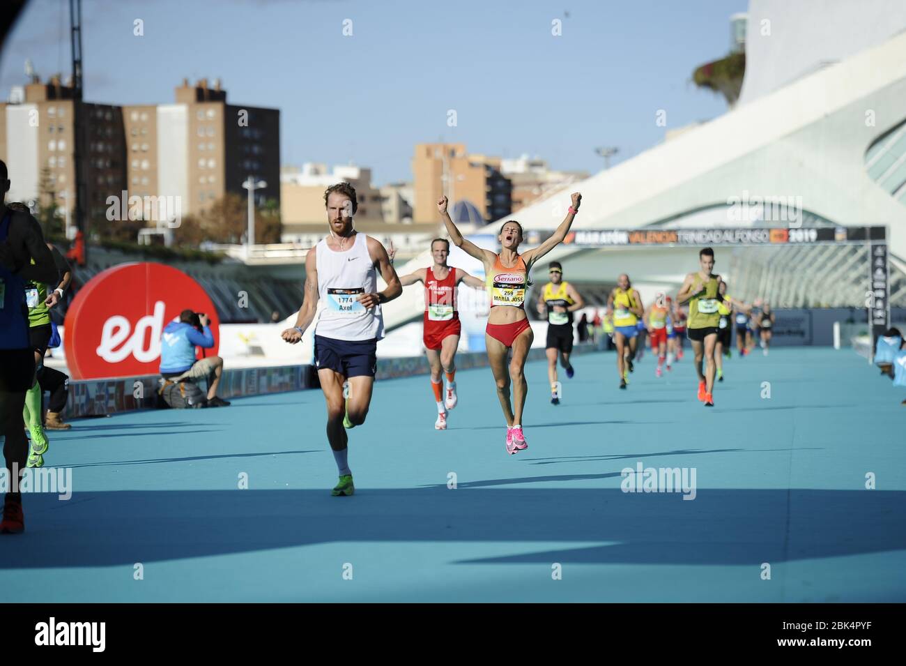 VALENCIA, SPAIN - 1 DECEMBER 2019: runners entering the finish line in ...