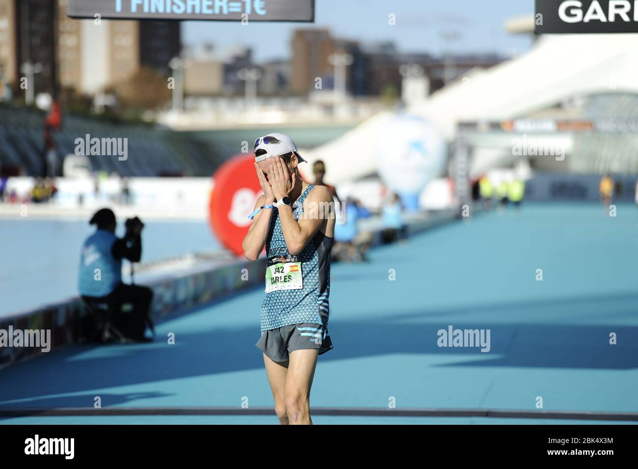 VALENCIA, SPAIN - 1 DECEMBER 2019: runners entering the finish line in ...
